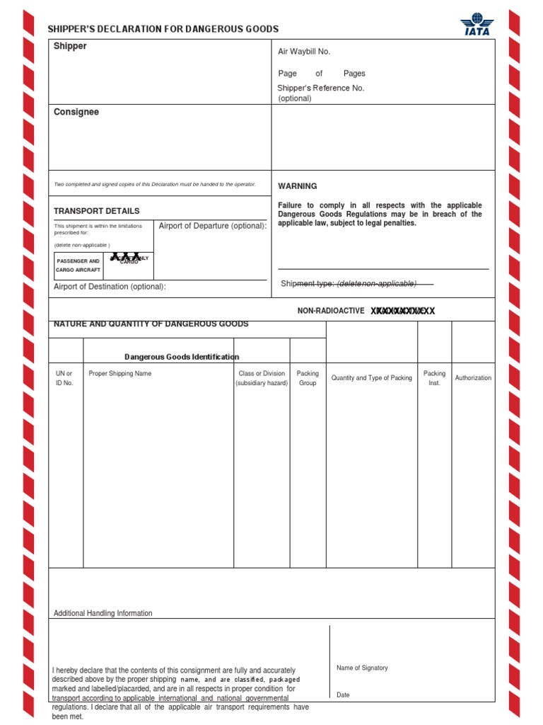 Shipper'S Declaration For Dangerous Goods Shipper: Air Waybill No. of ...