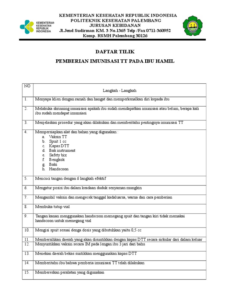Daftar Tilik Imunisasi TT | PDF