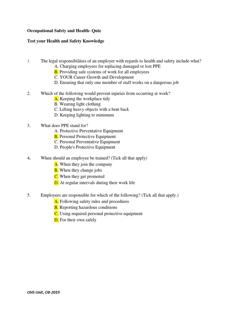 Occupational Safety and Health-Quiz Test Your Health and Safety ...