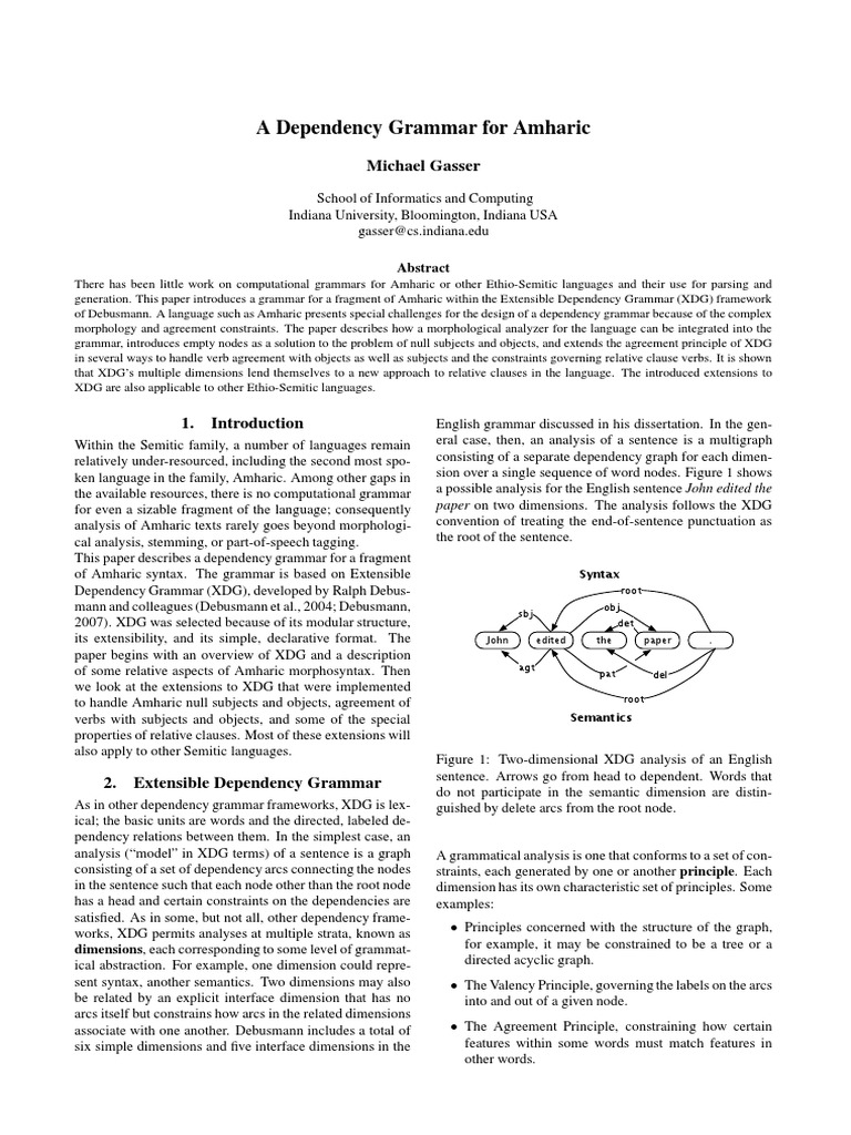 A Dependency Grammar for Amharic: Extending Extensible Dependency Grammar to Handle Complex ...