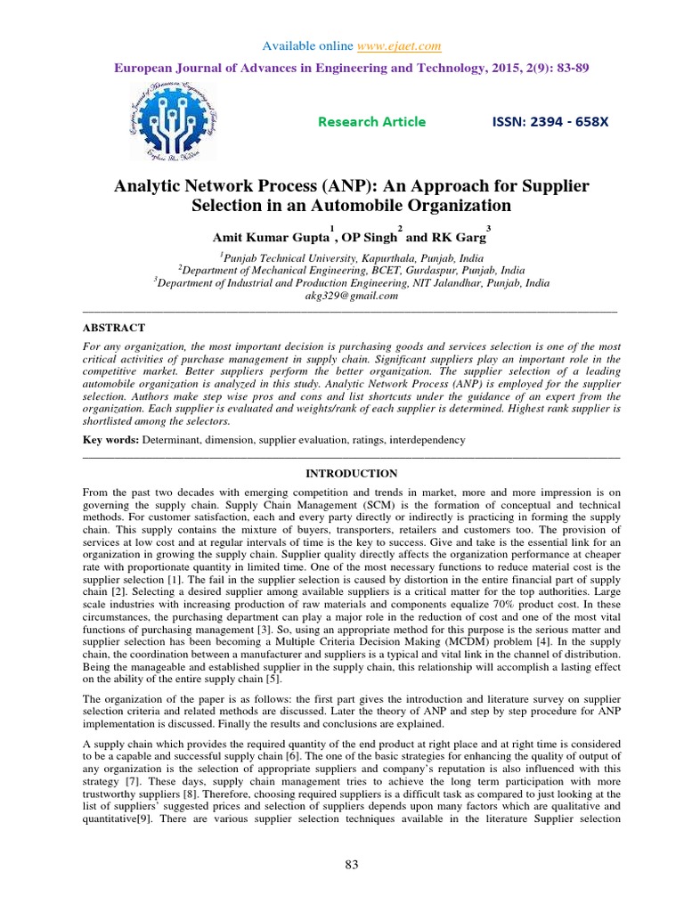 Analytic Network Process (ANP) - An Approach For Supplier Selection in ...