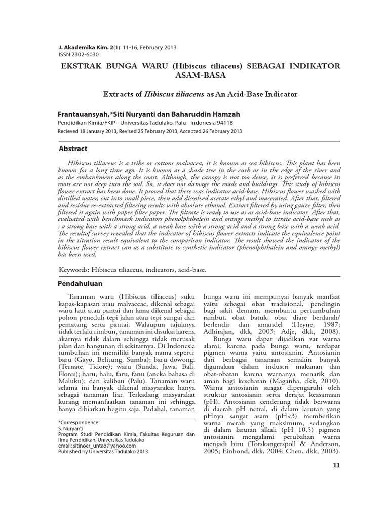 Ekstrak Bunga Waru (Hibiscus Tiliaceus) Sebagai Indikator Asam-Basa ...