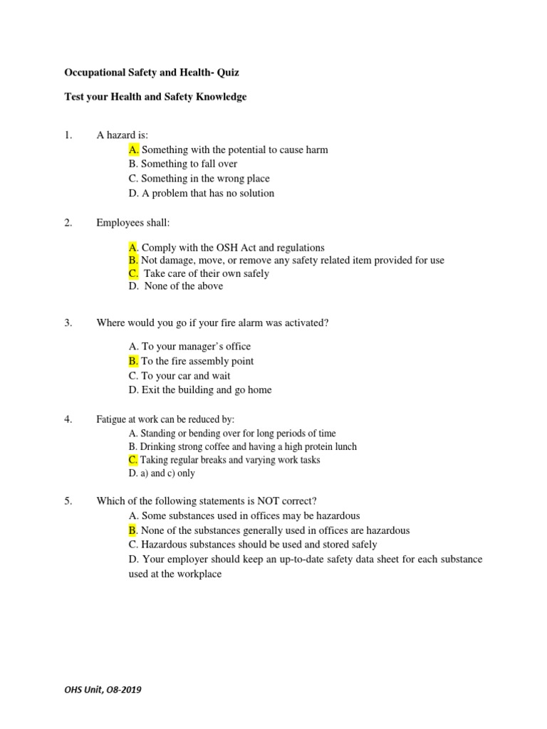 Occupational Safety and Health-Quiz Test Your Health and Safety ...