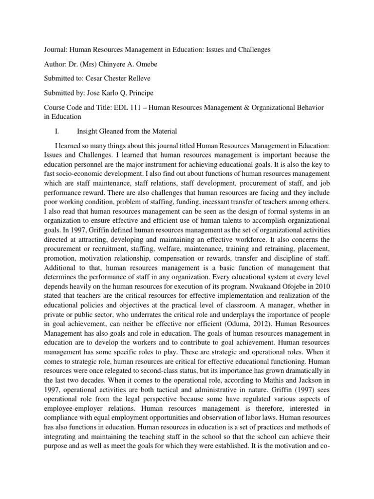 Human Resources Management in Education | PDF | Human Resources | Human ...
