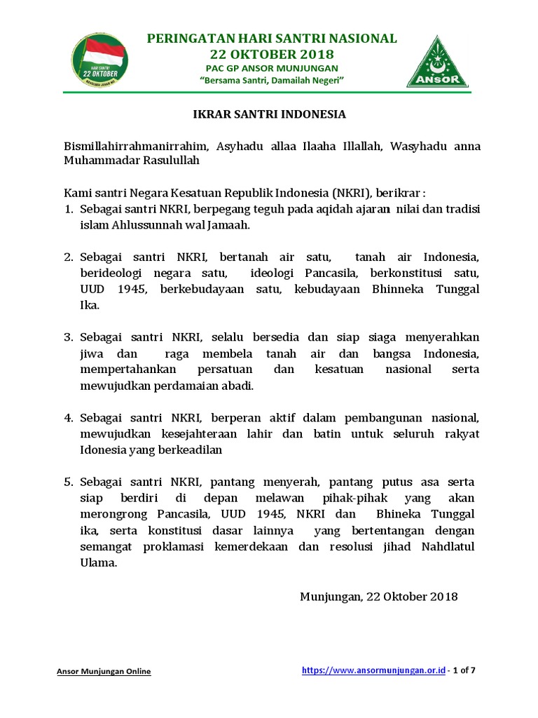 Tata Urutan Upacara Ikrar Santri Dan Teks Resolusi Jihad Nu PDF | PDF