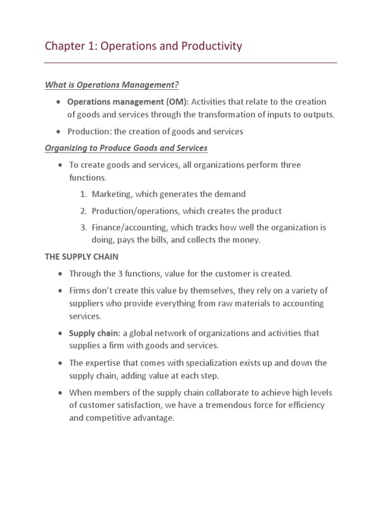 Chapter 1 Operations And Productivity Pdf Operations Management