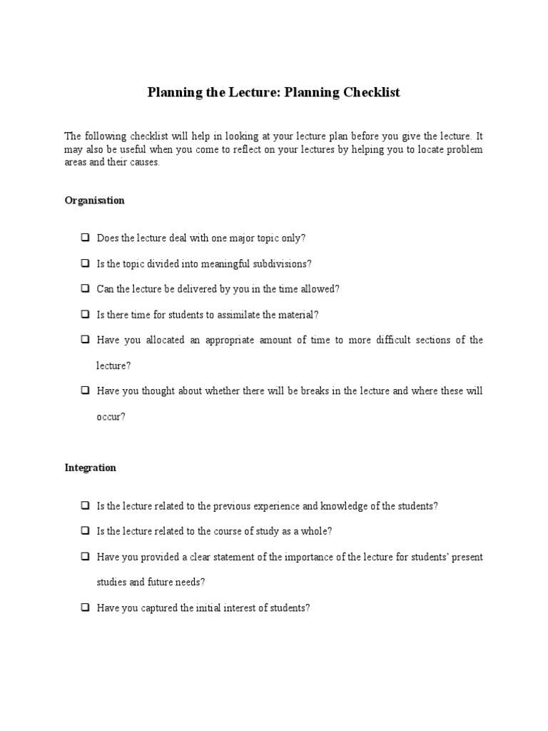 Lecture Planning Checklist Guide | PDF | Career & Growth | Language ...