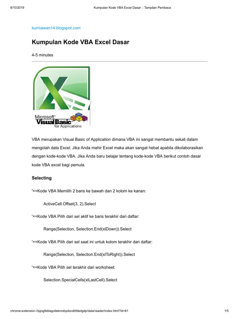 Kumpulan Kode VBA Excel Dasar - Tampilan Pembaca | PDF