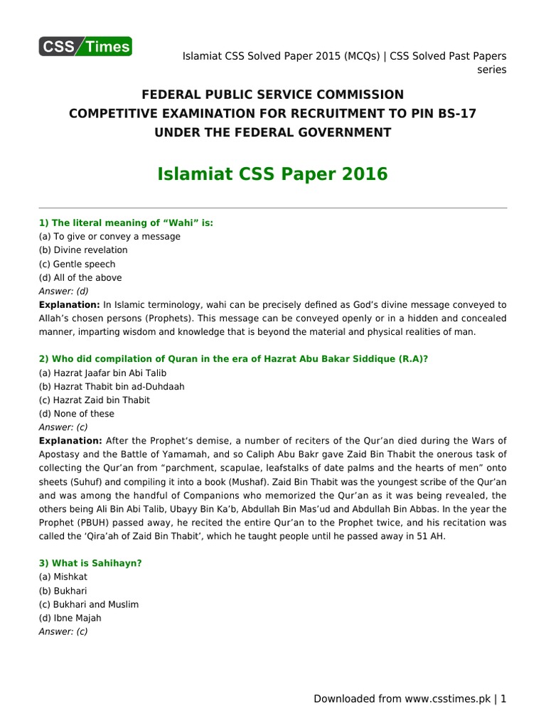 Islamiat CSS Solved Paper 2015 (MCQS) - CSS Solved Past Papers Series | PDF | Muhammad | Quran