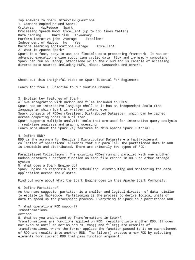 Top Answers To Spark Interview Questions | PDF | Apache Spark | Apache Hadoop