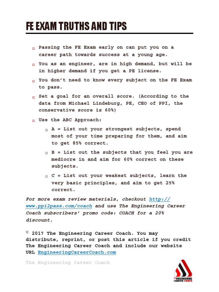 Fe Exam Truths and Tips: o A List Out Your Strongest Subjects, Spend | PDF