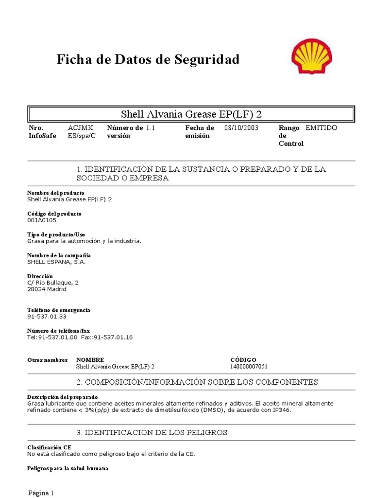 Ficha de Seguridad: Shell Alvania EP(LF) 2 | PDF | Residuos | Toxicidad