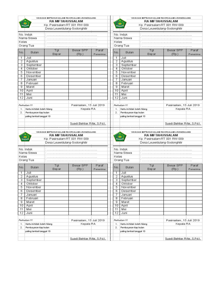 Contoh Format Kartu SPP RA Miftahuasalam | PDF