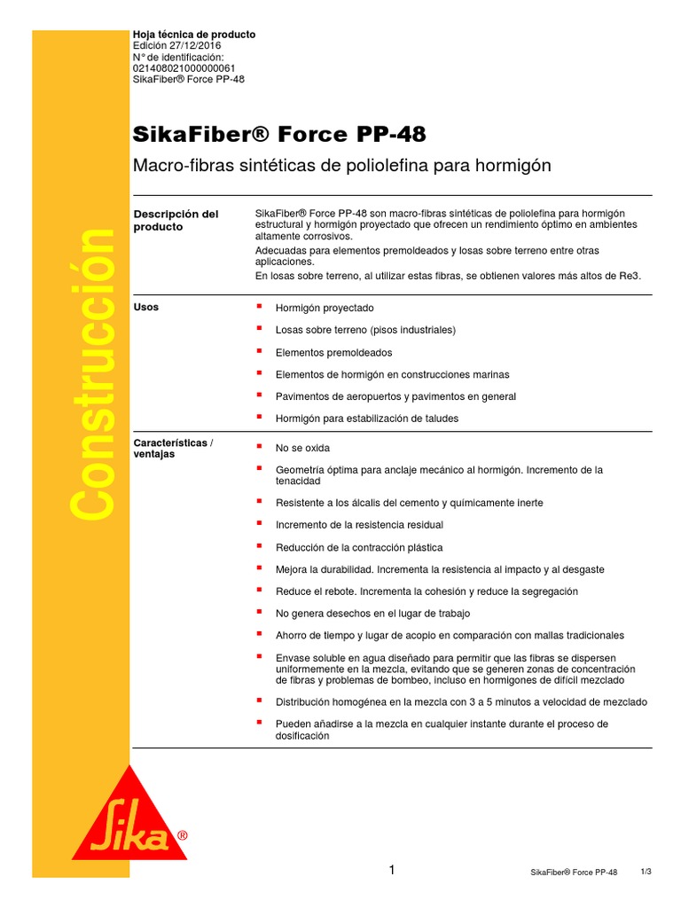 SikaFiber Force PP 48 | PDF | Hormigón | Química