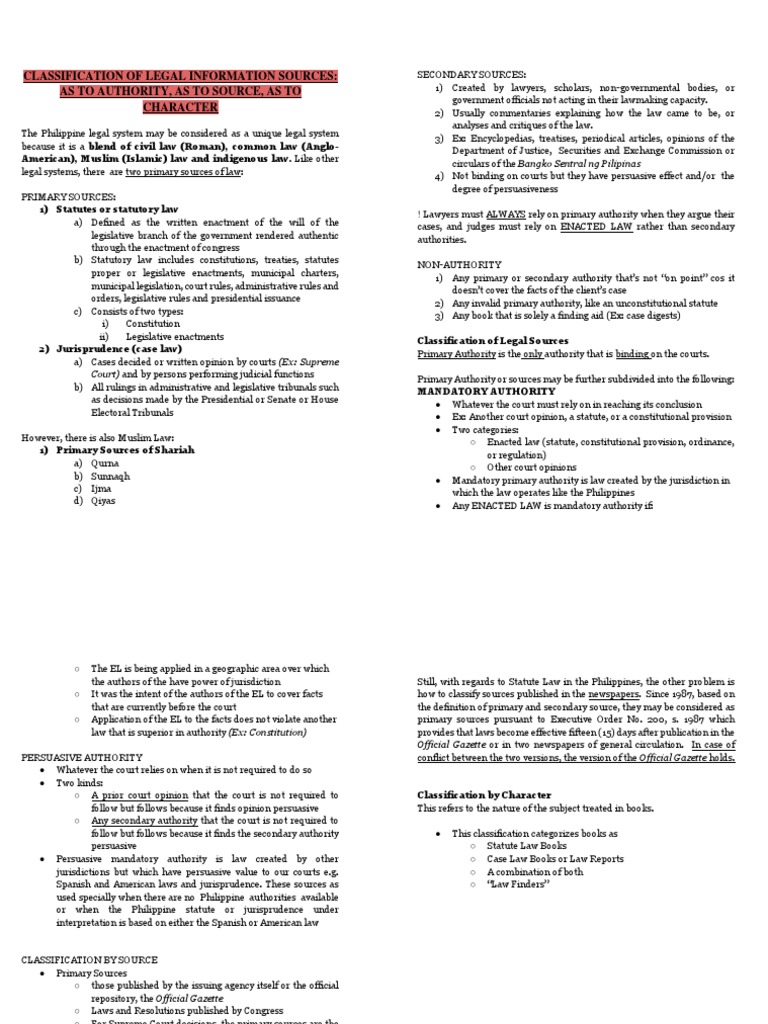 Classification of Legal Information Sources: As To Authority, As To Source, As To Character ...