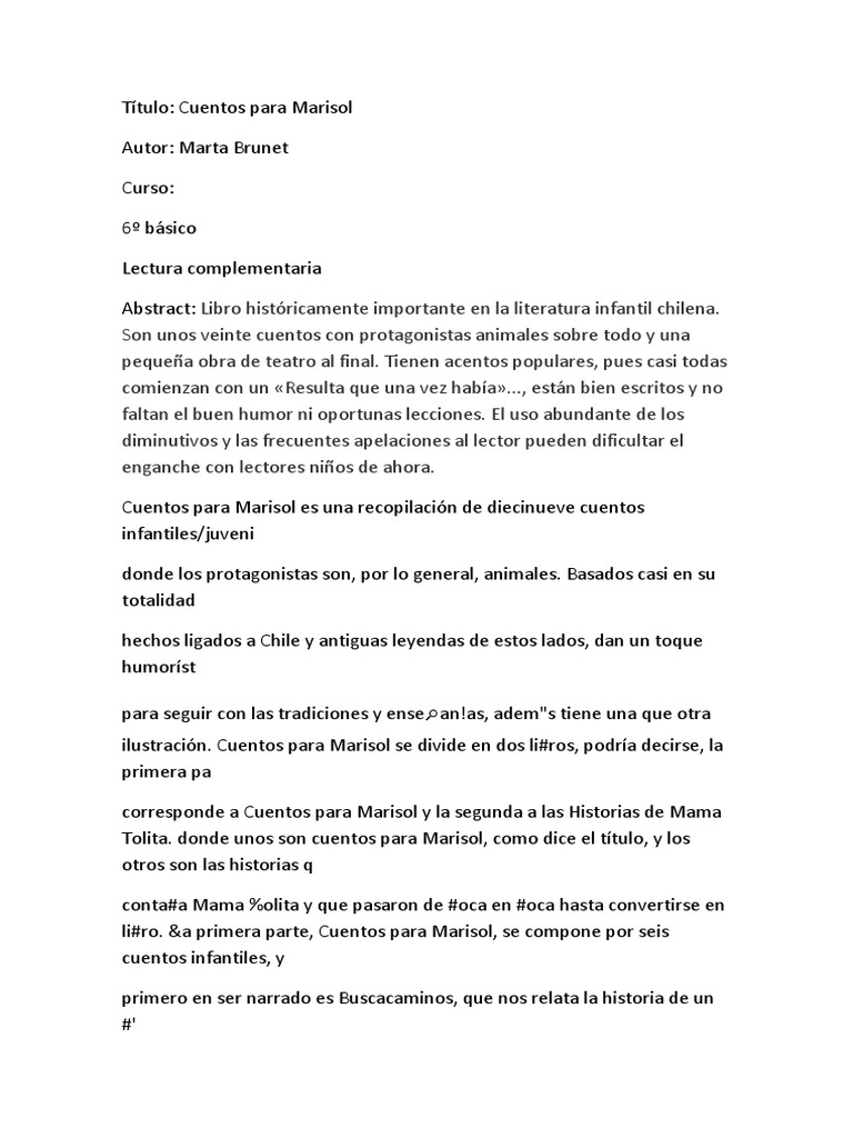 Resumen "Cuentos para Marisol" | PDF | Cuentos | Gatos