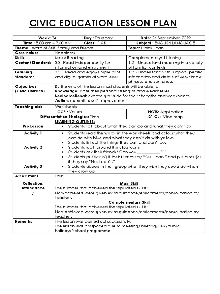 I Think I Can Civic Lesson Plan | PDF | Lesson Plan | Teachers