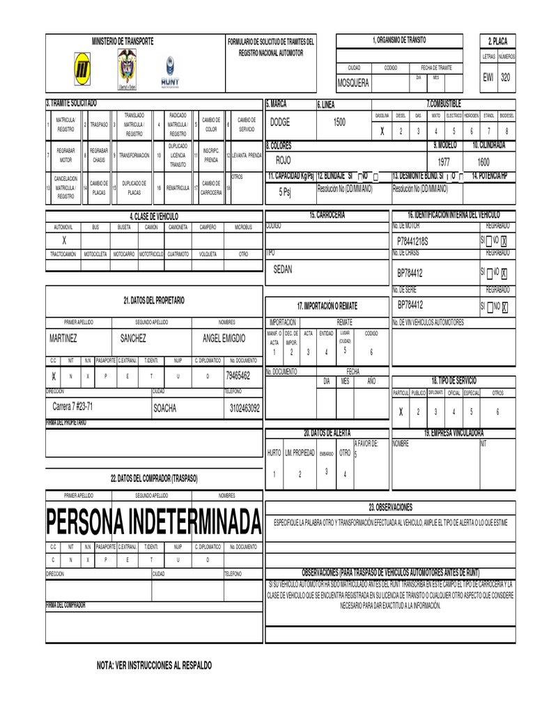 Formulario de Solicitud de Trámites Runt | PDF | Placa de matrícula del ...