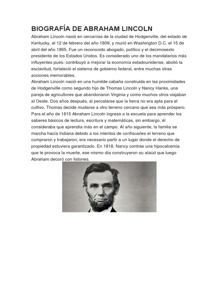 Biografía de Abraham Lincoln | PDF | Comunicación no verbal | Comunicación Biografía de Abraham Lincoln | PDF | Comunicación no verbal | Comunicación