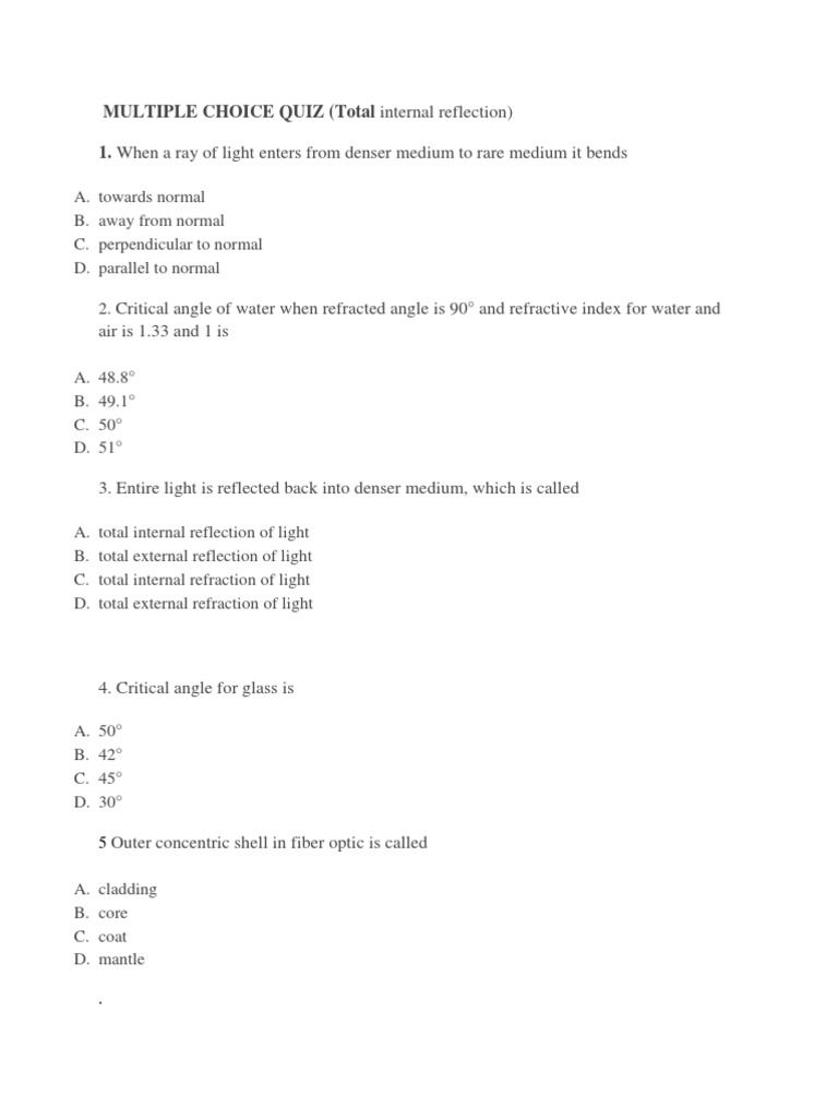 Physics Quiz: Total Internal Reflection | PDF