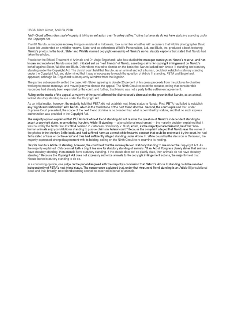 Naruto vs. Slater | PDF | Standing (Law) | Lawsuit