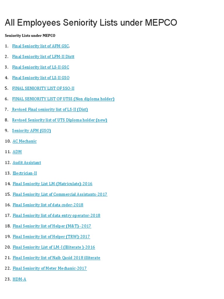All Employees Seniority Lists Under MEPCO | PDF | Technology & Engineering