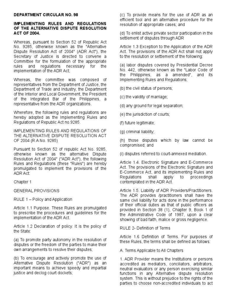 IRR of RA 9285 | Download Free PDF | Mediation | Alternative Dispute ...