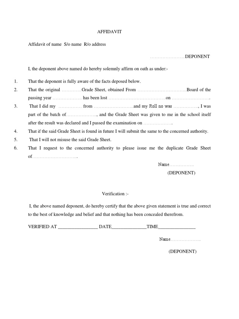 Sample AFFIDAVIT For Lost Marksheet | PDF