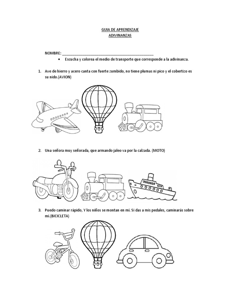 Adivinanzas de Medios de Transporte Infantil | PDF | Viajes y turismo