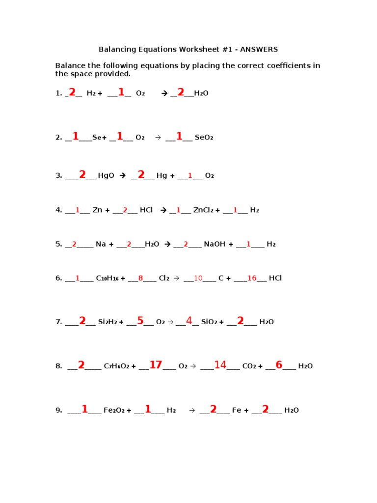 Balancing Equations Worksheet #1 Answers | PDF