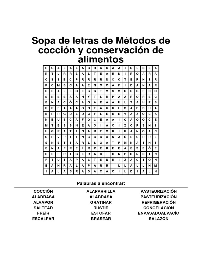 Sopa de letras: Métodos de cocción y conservación | PDF | Métodos de ...