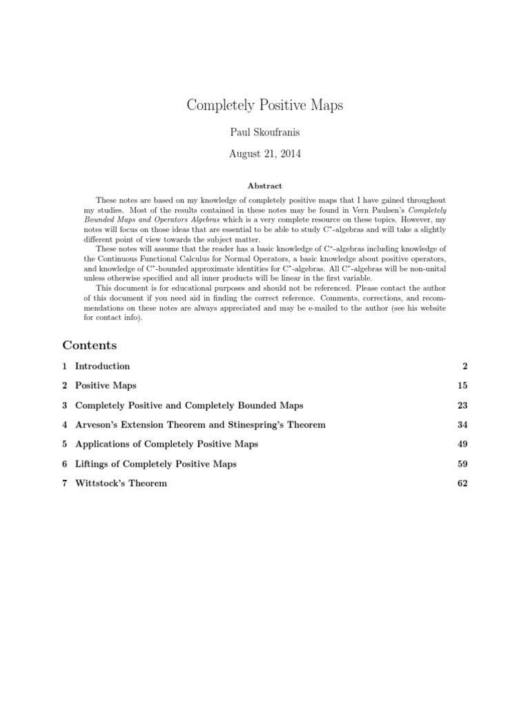 Completely Positive Maps | PDF | Functional Analysis | Hilbert Space