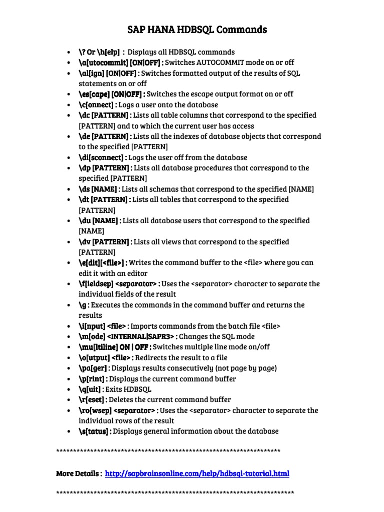 Sap Hana HDBSQL Commands Sap Hana HDBSQL Commands Sap Hana HDBSQL Commands Sap Hana HDBSQL ...