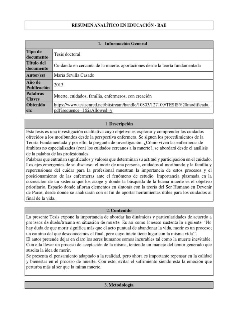 Formato RAE | Descargar gratis PDF | Enfermería | Investigación cualitativa