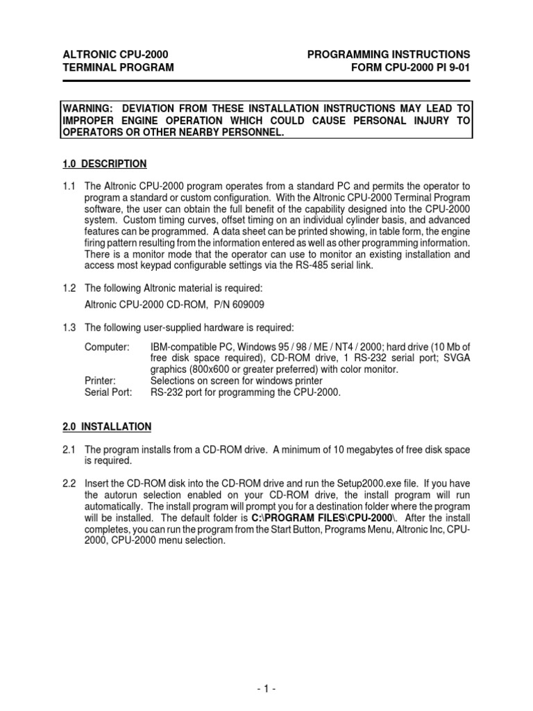 Altronic Cpu-2000 Programming Instructions Terminal Program FORM CPU ...