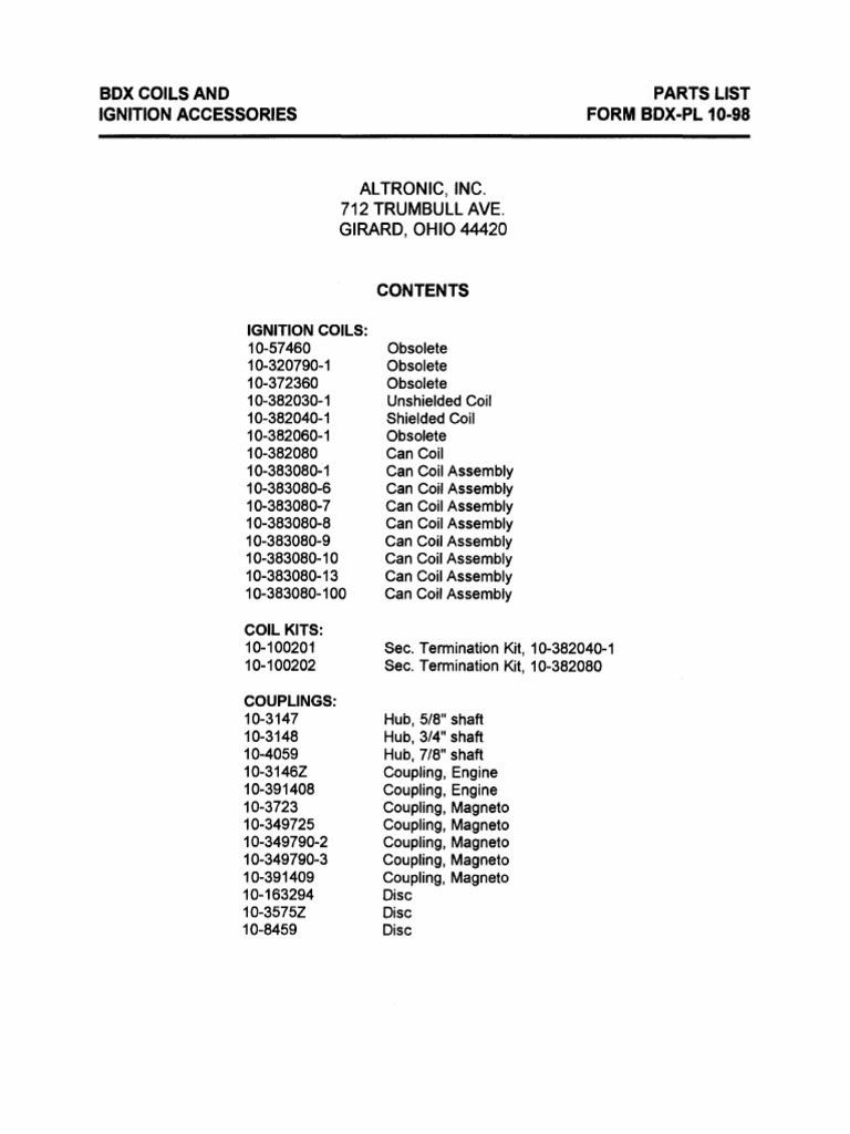 Altronics BDX Coils Parts List 10-1998 PDF | PDF | Engine Technology ...
