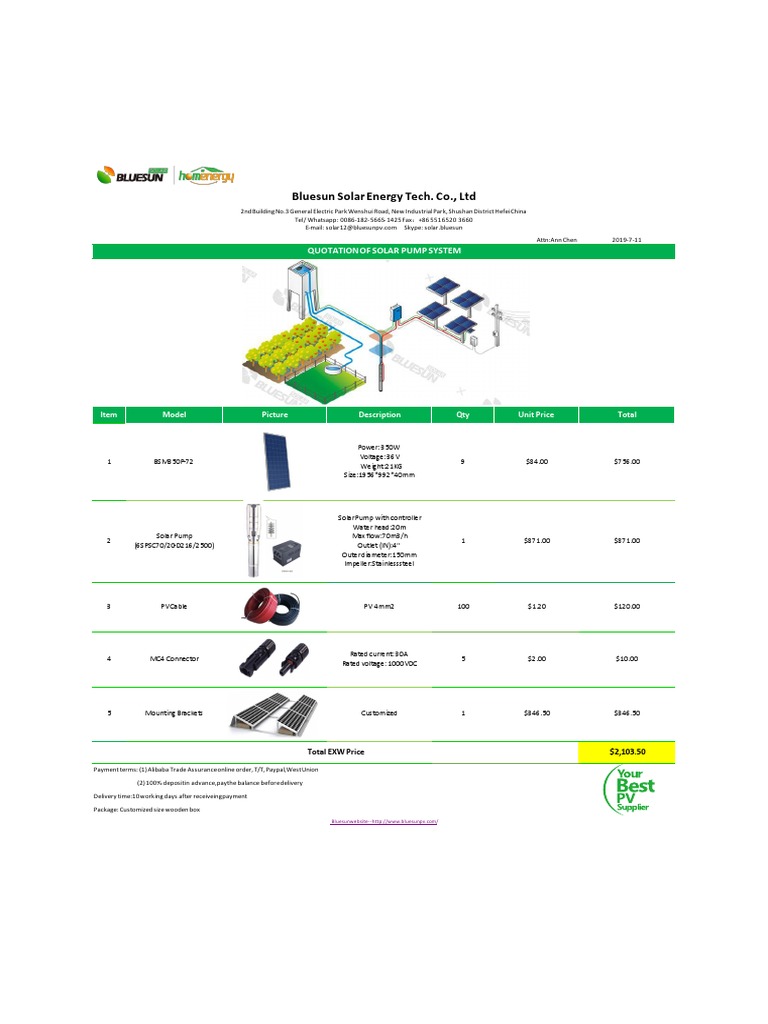 Solar Pump System Quotation | PDF | Renewable Energy | Electric Power