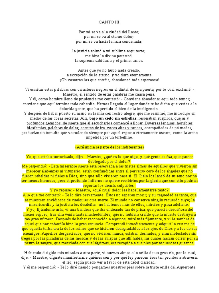 Canto III: El ingreso al Infierno | PDF | Infierno | Dante Alighieri