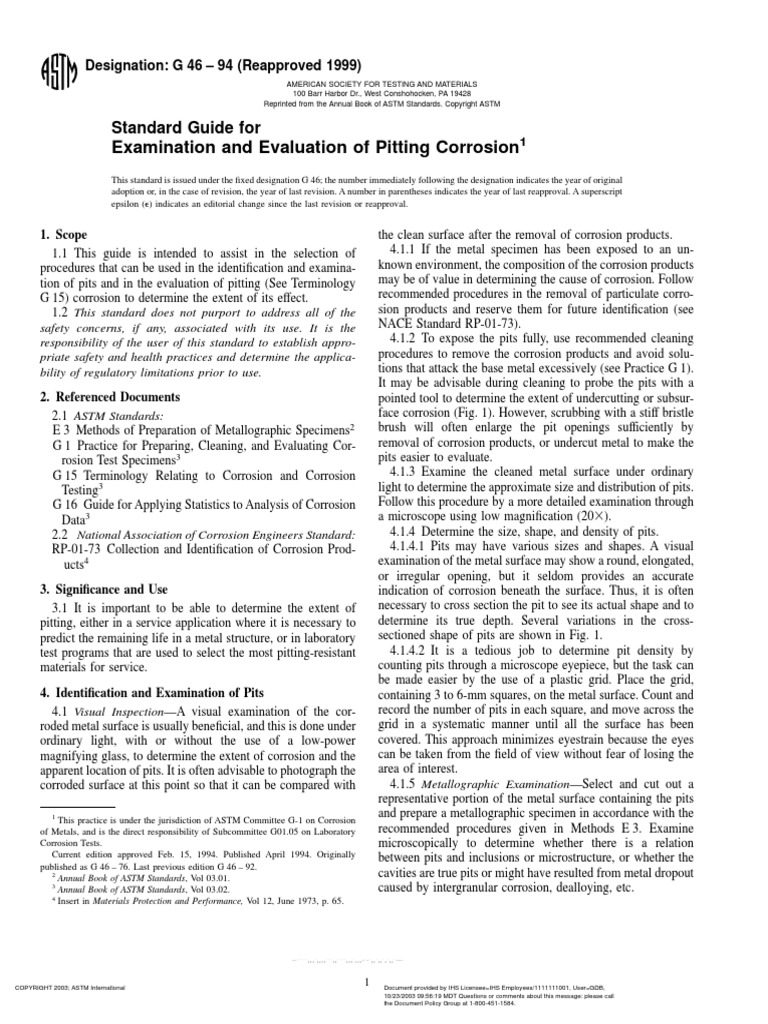 Examination and Evaluation of Pitting Corrosion: Standard Guide For ...