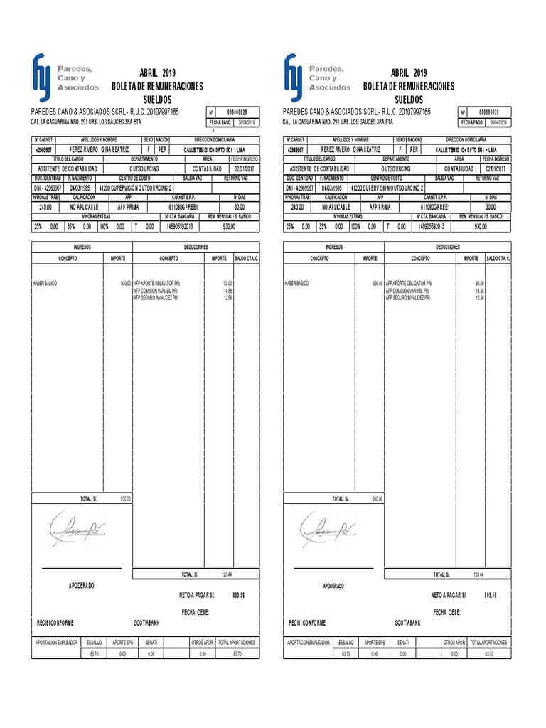 Modelo de Boleta de Remuneraciones | PDF | Servicios financieros ...