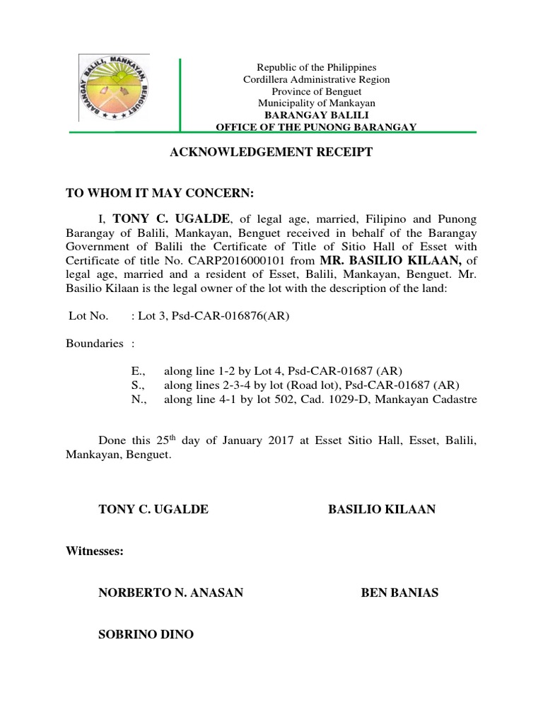 Barangay Balili Acknowledgement Receipt | PDF