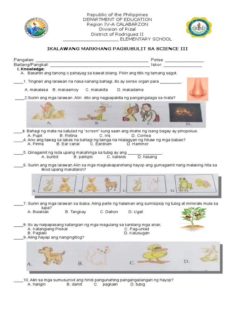 Science 3-Second Quarter Test 2019-2020 | PDF