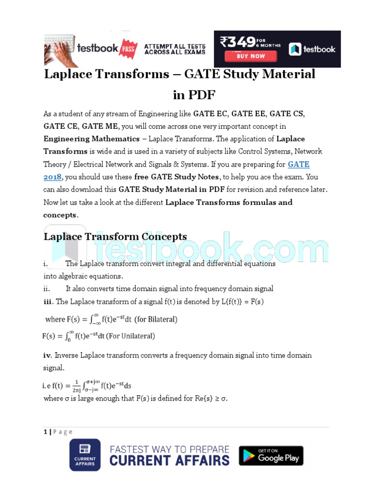 Laplace Transforms - GATE Study Material in PDF | PDF | Laplace ...