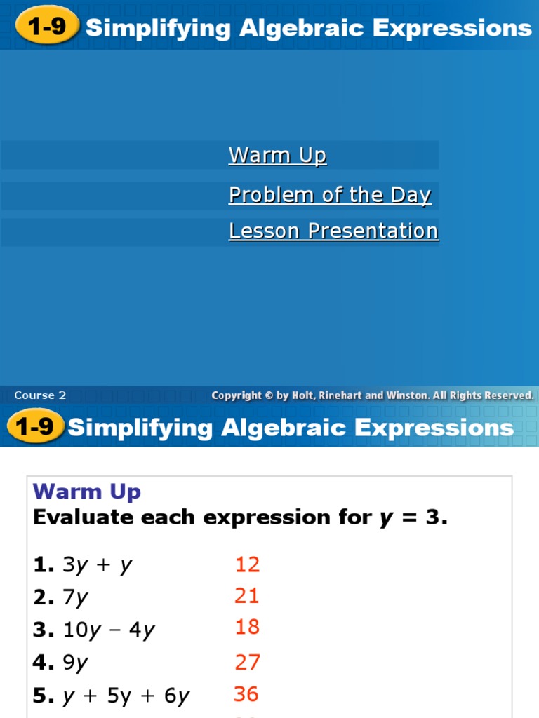 Simplifying Algebraic Expressions From HOLT | PDF | Variable ...