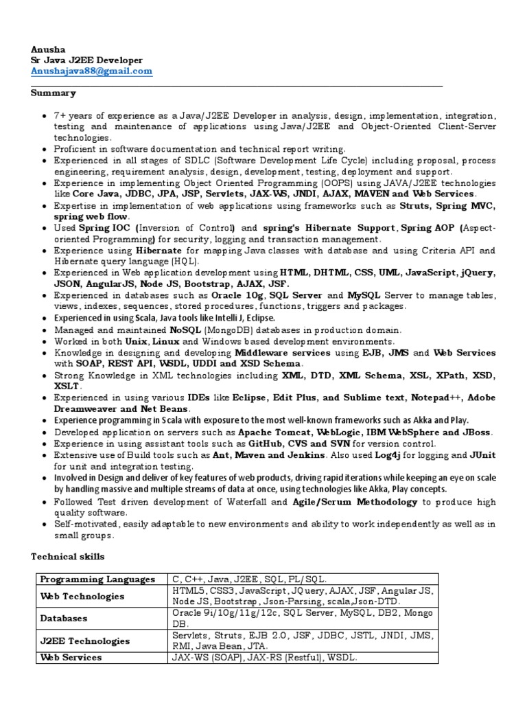 Anusha SR Java J2EE Developer | PDF | Java Server Pages | Spring Framework