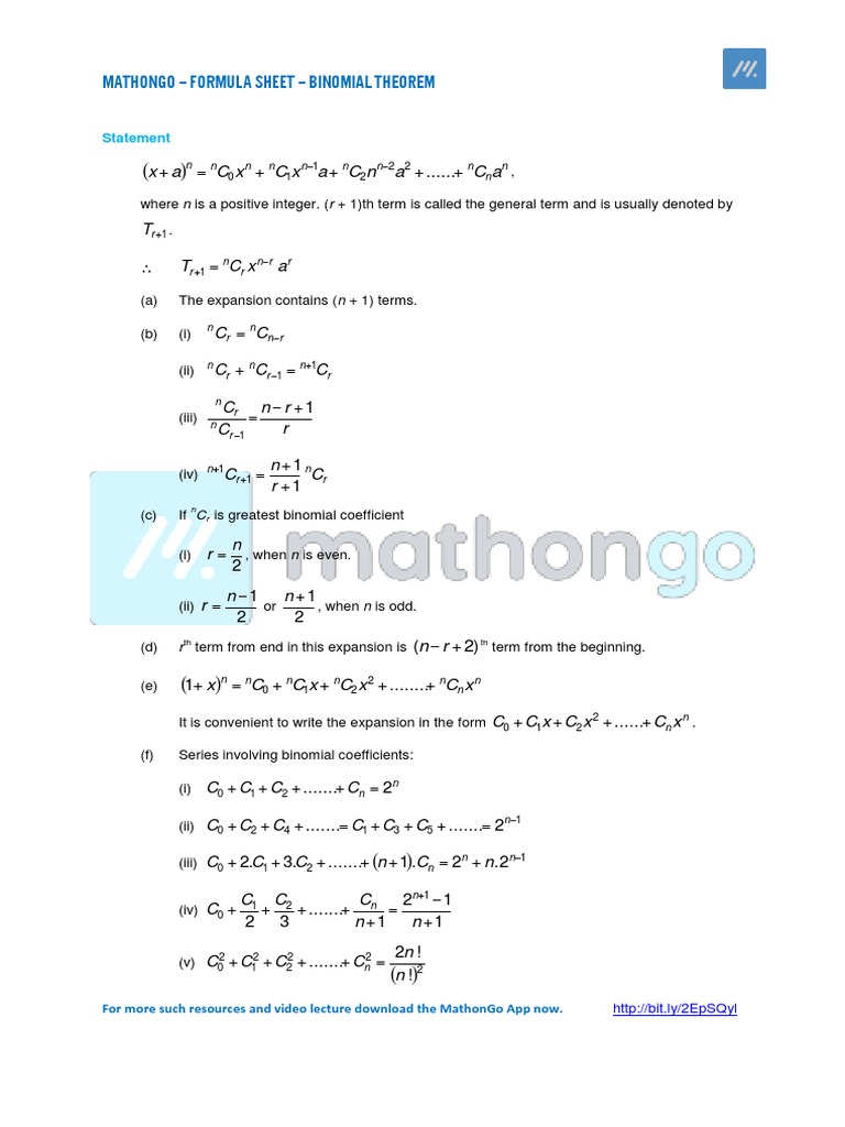 MATHONGO - FORMULA SHEET - Binomial Theorem: A C A N C A X C X C A X | PDF | Elementary ...