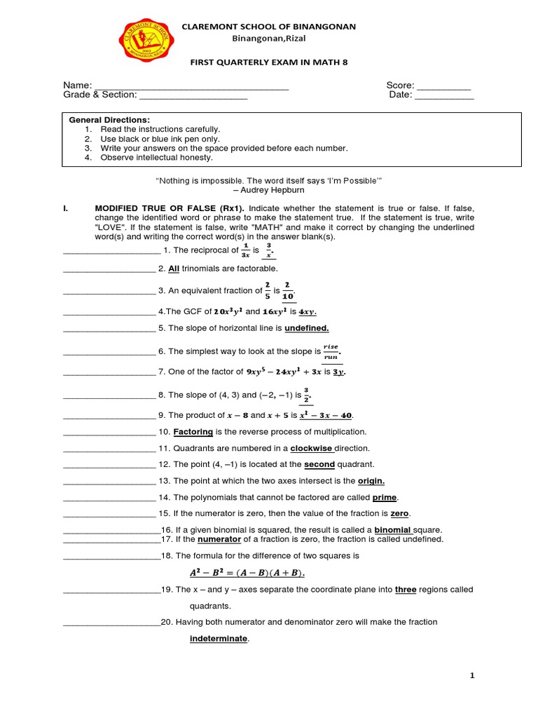 Quarterly Exam - Math 8 - Ines | Download Free PDF | Fraction ...