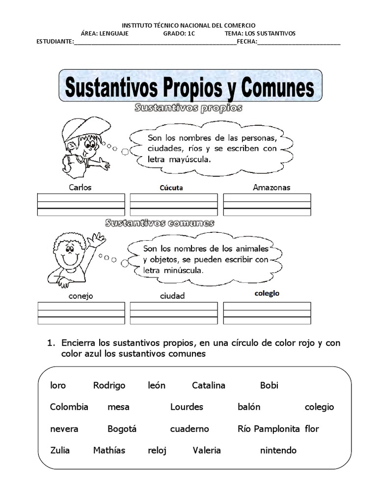 Hoja De Trabajo De Sustantivos Comunes Y Propios De Quinto Grado