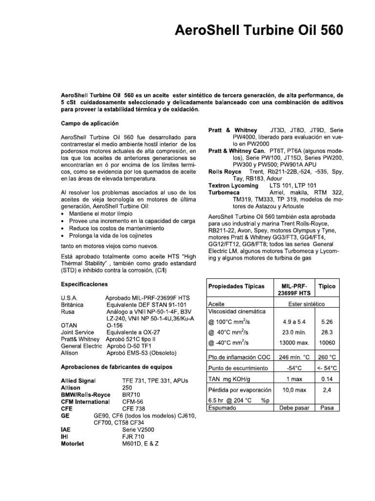 AeroShell Turbine Oil 560 (Especificaciones) (Español) PDF | PDF