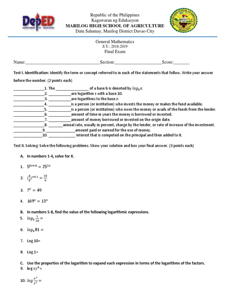 Grade 11 General Mathematics Final Exam | PDF | Logarithm | Interest